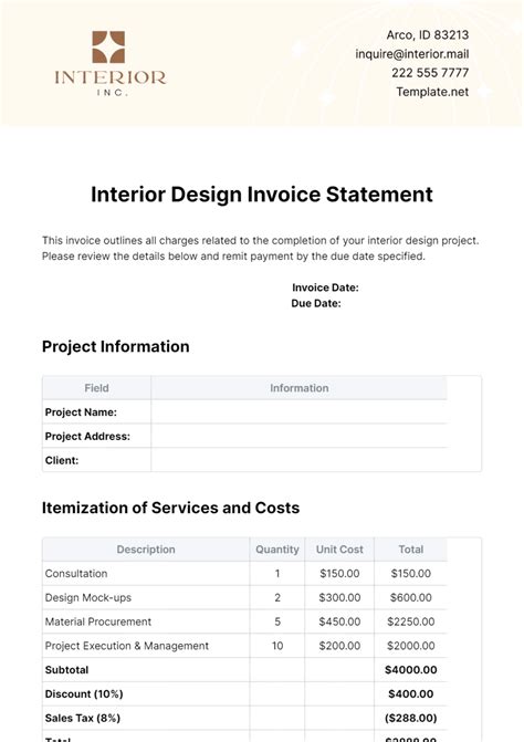 Free Interior Design Invoice Statement Template To Edit Online