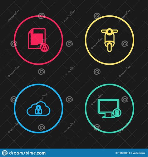 Set Line Cloud Computing Lock Lock On Monitor Scooter And Document And Icon Vector Stock
