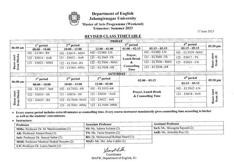Revised Class Timetable Summer 2023 Department Of English