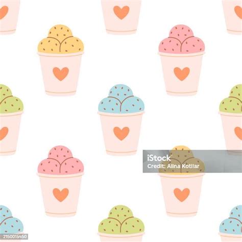 종이컵에 있는 귀여운 아이스크림을 가진 이음새가 없는 본 여름 디저트 여름 시간 벽지 직물 직물 포장지를 위한 이음새가 없는 본 평면 스타일의 벡터 일러스트 레이 션 0명에