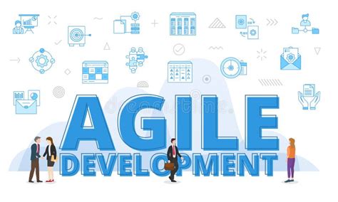 Agile Development Concept With Big Words And People Surrounded By Related Icon With Blue Color