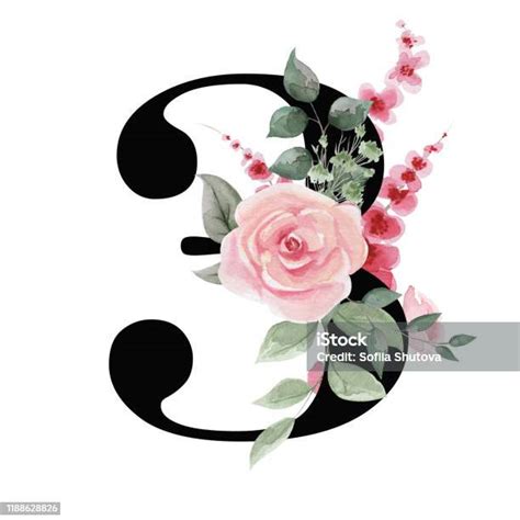 텍스트 디자인 휴일 카드 장식 및 문자 메시지 결혼식 초대장의 디자인에 대한 번호 3 꽃 식물에 대한 스톡 벡터 아트 및 기타