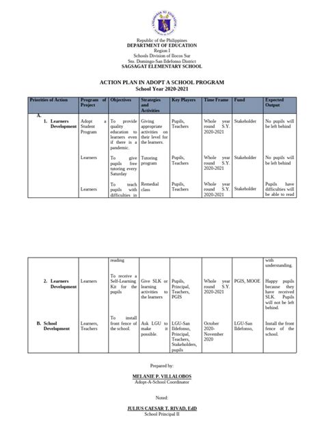 Action Plan Adopt A School Program Pdf Intelligence Teaching