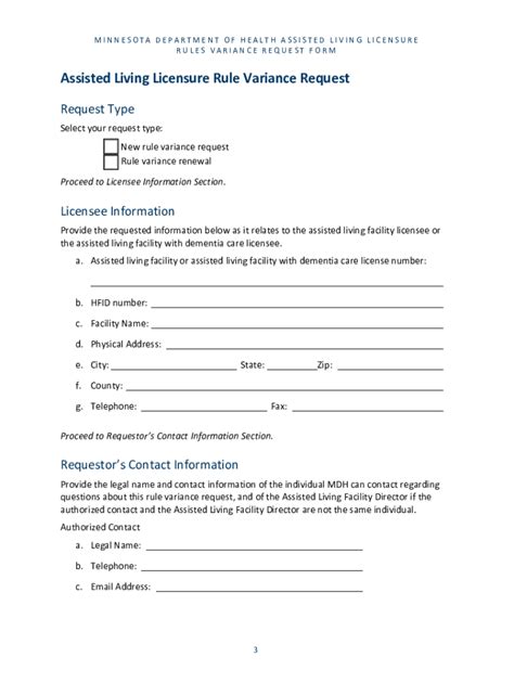 Fillable Online Assisted Living Licensure Rules Variance Request Assisted Living Licensure Form