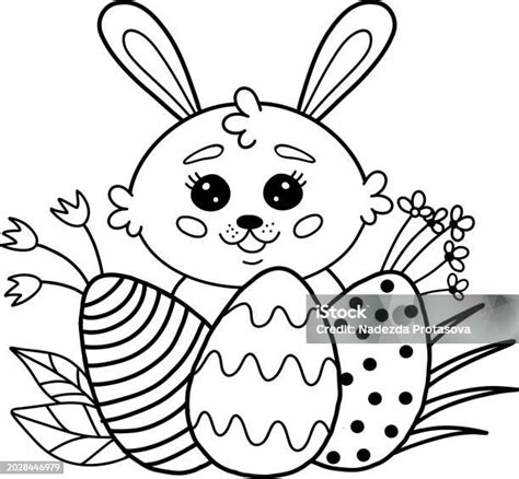 달걀과 꽃이 있는 만화에 나오는 귀여운 부활절 토끼가 등장하는 색칠하기 책 아이들을 위한 색칠 공부 벡터 일러스트 레이 션입니다 가공의 인물에 대한 스톡 벡터 아트 및 기타