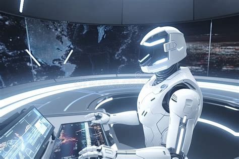 Robot Cyborg In A Control Room Flying A White Modern Spaceship With Window View On Spac Stock