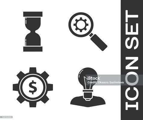 램프 전구가 있는 인간의 머리 흐르는 모래가 있는 오래된 모래시계 달러 기호가 있는 기어 돋보기 및 기어 아이콘을 설정합니다 벡터 개념에 대한 스톡 벡터 아트 및 기타