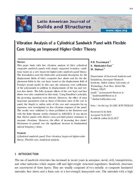 Pdf Vibration Analysis Of A Cylindrical Sandwich Panel With Flexible Core Using An Improved