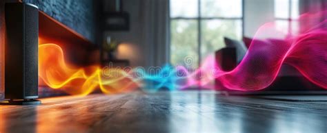 High Tech Speaker System With Vibrant Sound Waves In A Modern Living