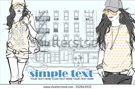 Two Sexy Girls Sketchstyle On Citybackground Stock Vector Royalty Free 102863432 Shutterstock