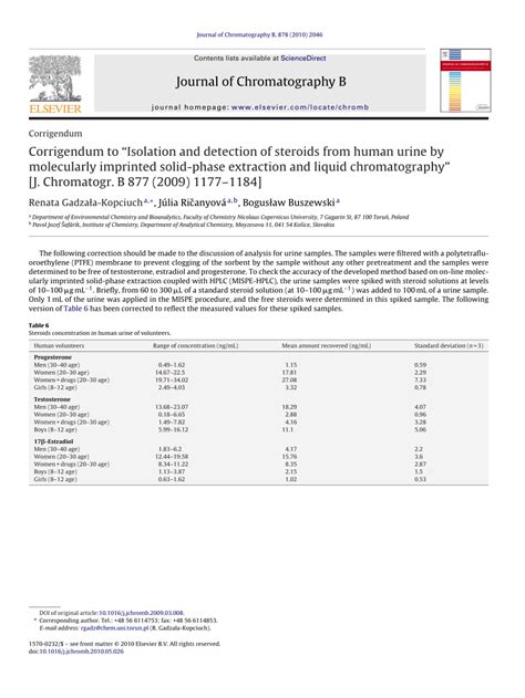 Pdf Corrigendum To “isolation And Detection Of Steroids From Human Urine By Molecularly