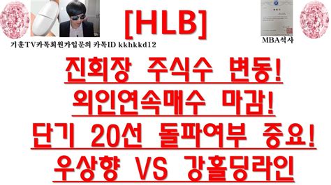 주식투자 Hlb진회장 주식수 변동외인연속매수 마감단기 20선 돌파여부 중요우상향 Vs 강홀딩라인 Youtube