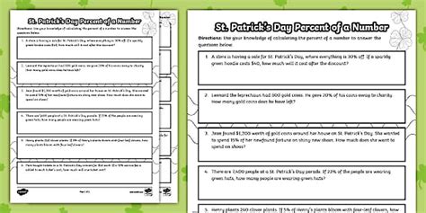 6th Gr Percent Of A Number St Patricks Day Math Problems