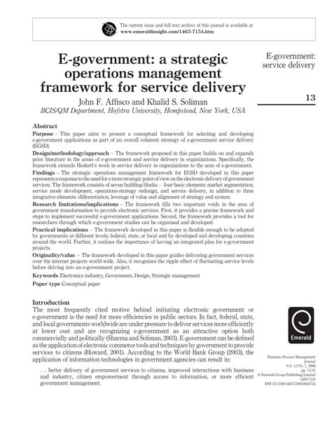 Pdf E Government A Strategic Operations Management Framework For