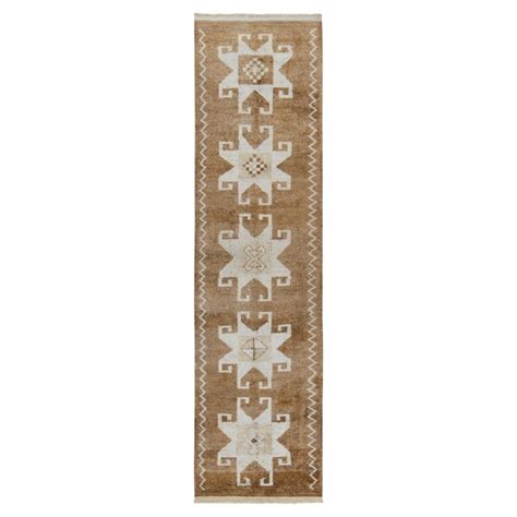 Vintage Tribal Runner In Beige Brown And White Geometric Patterns By