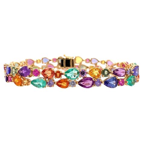 Multi Gemstone Diamond Gold Wide Bracelet For Sale At 1stdibs