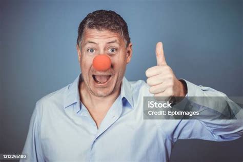 파란 셔츠를 입은 중년 남성과 파란색 배경을 배경으로 포즈를 취하는 빨간 광대 코 40 44세에 대한 스톡 사진 및 기타 이미지 40 44세 가발 개념 Istock