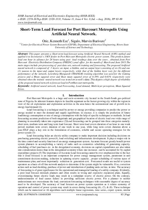 Pdf Short Term Load Forecast For Port Harcourt Metropolis Using Artificial Neural Network