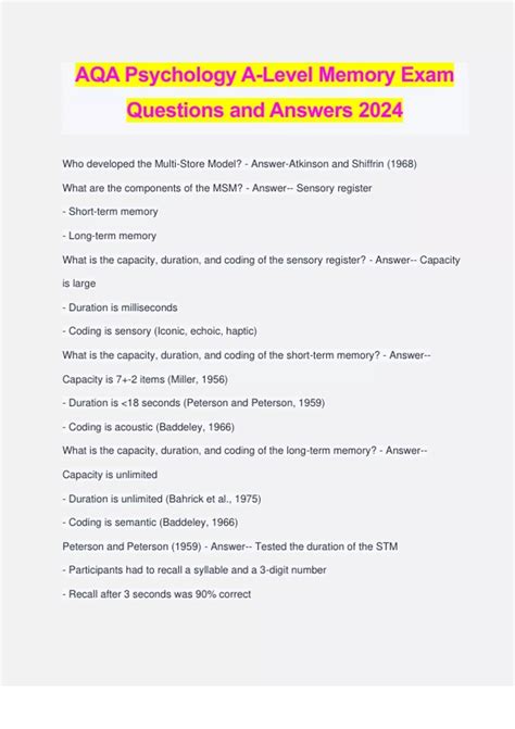 Aqa Psychology A Level Memory Exam Questions And Answers 2024 Aqa A Level Psychology Stuvia Us