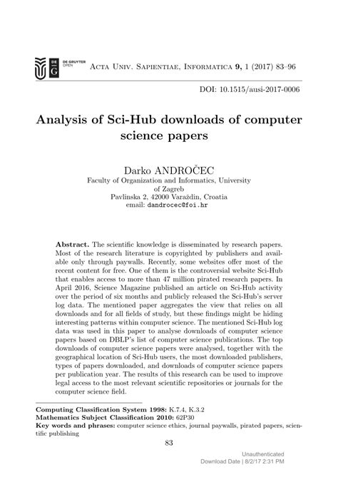 Pdf Analysis Of Sci Hub Downloads Of Computer Science Papers