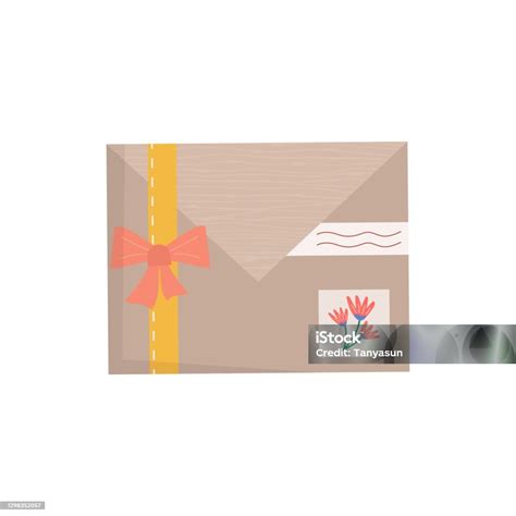 스탬프가 있는 봉투 세트 배달 편지에 대한 아이콘 우편 서비스를 통한 서신 수제 종이 편지 리본 가지 및 기타 장식 요소로 손으로 만든 선물 또는 선물 플랫 벡터 개념에