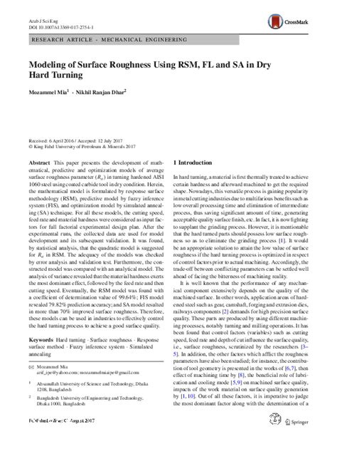 Pdf Modeling Of Surface Roughness Using Rsm Fl And Sa In Dry Hard Turning