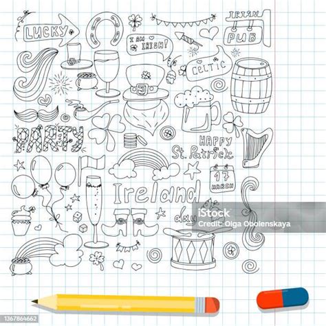 손으로 그린 아이콘이 있는 성 패트릭의 날 세트 맥주 아일랜드 술집 파티 바의 낙서 3월 17일 아일랜드 휴일엽수 초대장 광고 또는 배너용 템플릿 벡터 일러스트 클립 아트