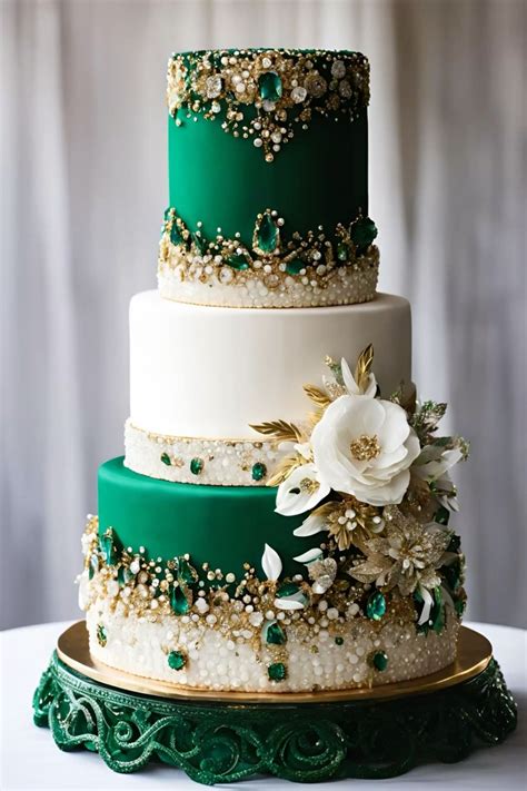 Extravagant Emerald Green White And Gold Wedding Cake With Jewels
