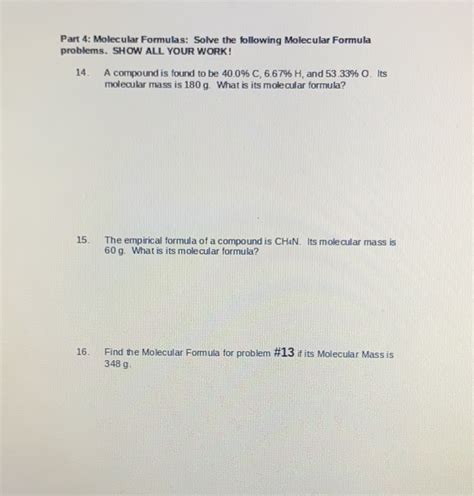 Solved Part 4 Molecular Formulas Solve The Following Molecular Formula Course Hero