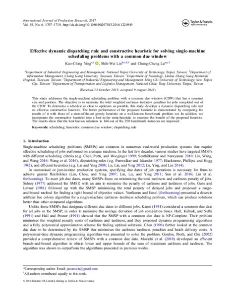Pdf Effective Dynamic Dispatching Rule And Constructive Heuristic For Solving Single Machine
