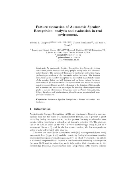 Pdf Feature Extraction Of Automatic Speaker Recognition Analysis And Evaluation In Real