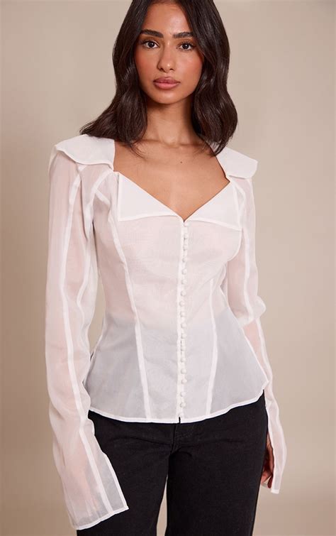 White Button Detail Sheer Long Sleeve Top Prettylittlething Usa