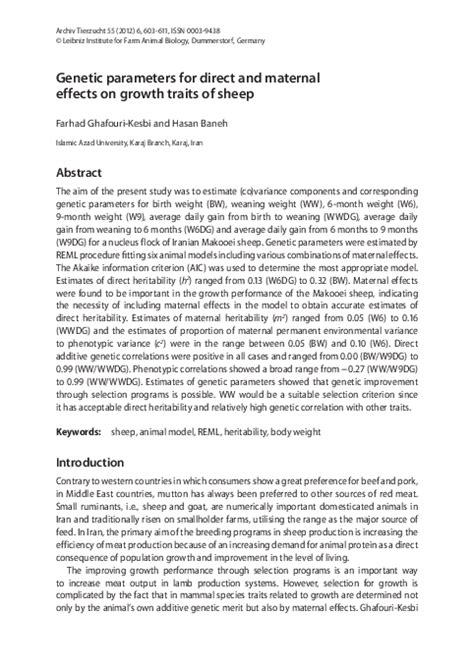 Pdf Genetic Parameters For Direct And Maternal Effects On Growth