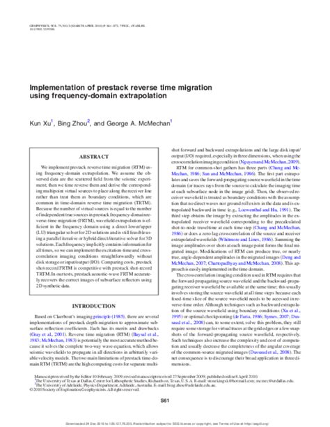 Pdf Implementation Of Prestack Reverse Time Migration Using Frequency Domain Extrapolation