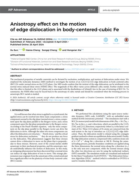 Pdf Anisotropy Effect On The Motion Of Edge Dislocation In Body Centered Cubic Fe