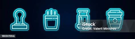 세트 라인 커피 탬퍼 컵 에어로 프레스 커피와 외출 빛나는 네온 아이콘입니다 벡터 경영자에 대한 스톡 벡터 아트 및 기타 이미지 경영자 등고선 라인아트 Istock