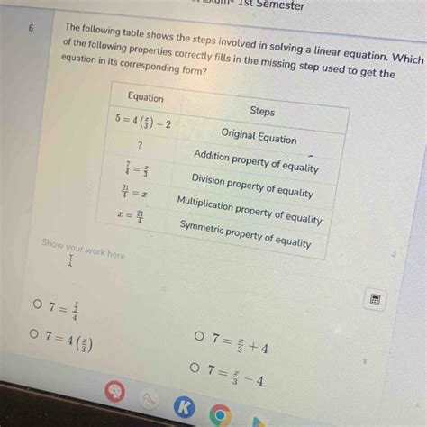 Solved Am 1st Semester 6 The Following Table Shows The Steps Involved In Solving A Linear