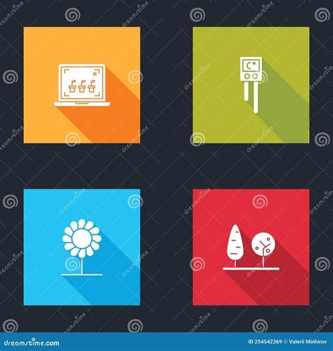 Set Smart Farming Technology Temperature And Humidity Sensor Flower And Trees Icon Vector
