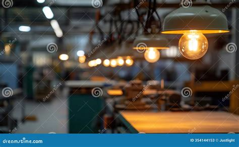 Incandescent Light Bulbs Hanging Over Assembly Line In Factory Stock