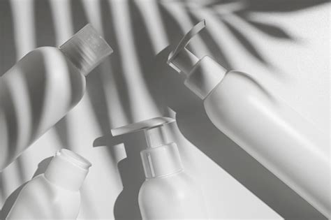 흰색 깨끗한 화장품 병 흰색 배경 평면 평지 상단보기에 열대 야자 수 잎 그림자 브랜딩 및 라벨을 위한 플라스틱 포장 화장품을 모의합니다 스파 샴푸 로션 보습제 0명에 대한