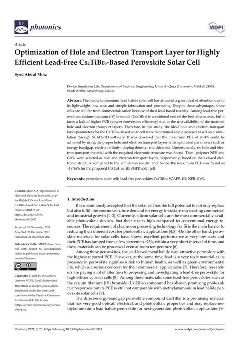 Pdf Optimization Of Hole And Electron Transport Layer For Highly Efficient Lead Free Cs2tibr6