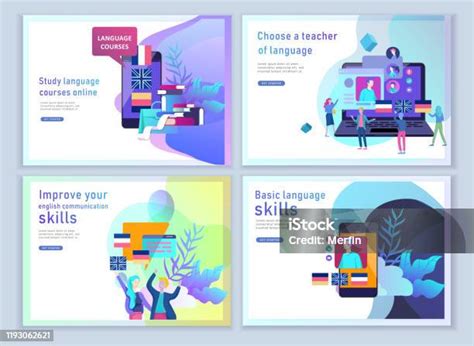 온라인 언어 코스 원격 교육 교육에 대한 방문 페이지 템플릿 세트 언어 학습 인터페이스 및 교육 개념 개념에 대한 스톡 벡터 아트 및 기타 이미지 Istock