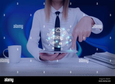 Lady Pressing Screen Of Mobile Phone Showing The Futuristic Technology Palm Tapping Cell Phone