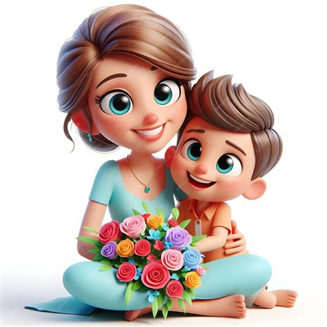Dibujos Animados En 3d Madre E Hijo Abrazándose El Uno Al Otro En El