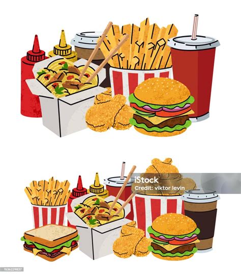 패스트 푸드 만화 아이콘 세트 간단한 플랫 스타일 거리 높은 칼로리 음식 그림 감자 요리에 대한 스톡 벡터 아트 및 기타 이미지 감자 요리 개체 그룹 경제 Istock