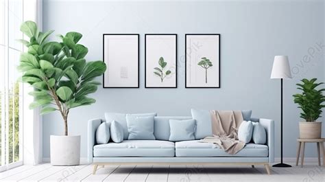 멋진 스칸디나비아 거실로 공간을 향상시키세요 현대적인 블루 인테리어와 모형 포스터 프레임을 갖춘 3d 렌더링 살다 배경 현대적 배경 거실 배경 이미지 Hd 살다
