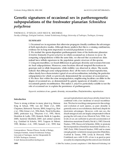 Pdf Genetic Signatures Of Occasional Sex In Parthenogenetic Subpopulations Of The Freshwater