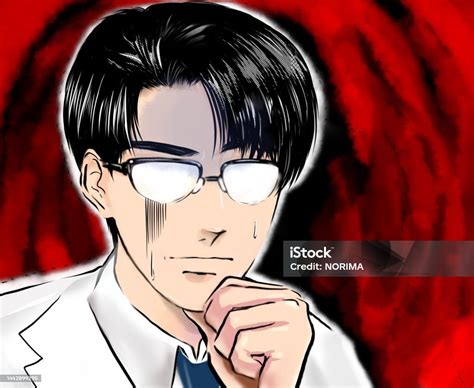 흰색 실험실 코트를 입은 검은 머리의 안경을 쓴 의사가 의심스럽게 빛나는 눈으로 무언가를 응시하면서 떨고 있는 컬러 만화 그림 만화 스타일에 대한 스톡 벡터 아트 및 기타