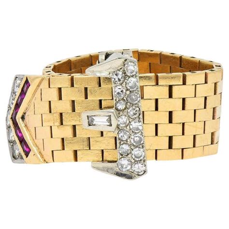 Retro Diamond Ruby Platinum 14 Karat Two Tone Gold Vintage Buckle Mesh