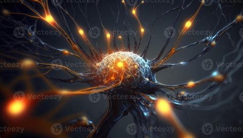 Conceptual Illustration Of Neuron Cells With Glowing Link Knots In Abstract Dark Space High